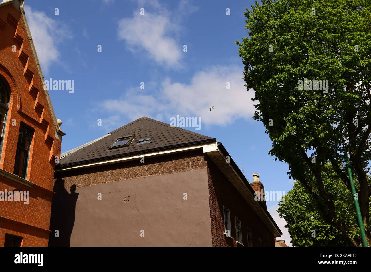 Red brick buildings in Dublin, Ireland with tree, blue sky and clouds ...