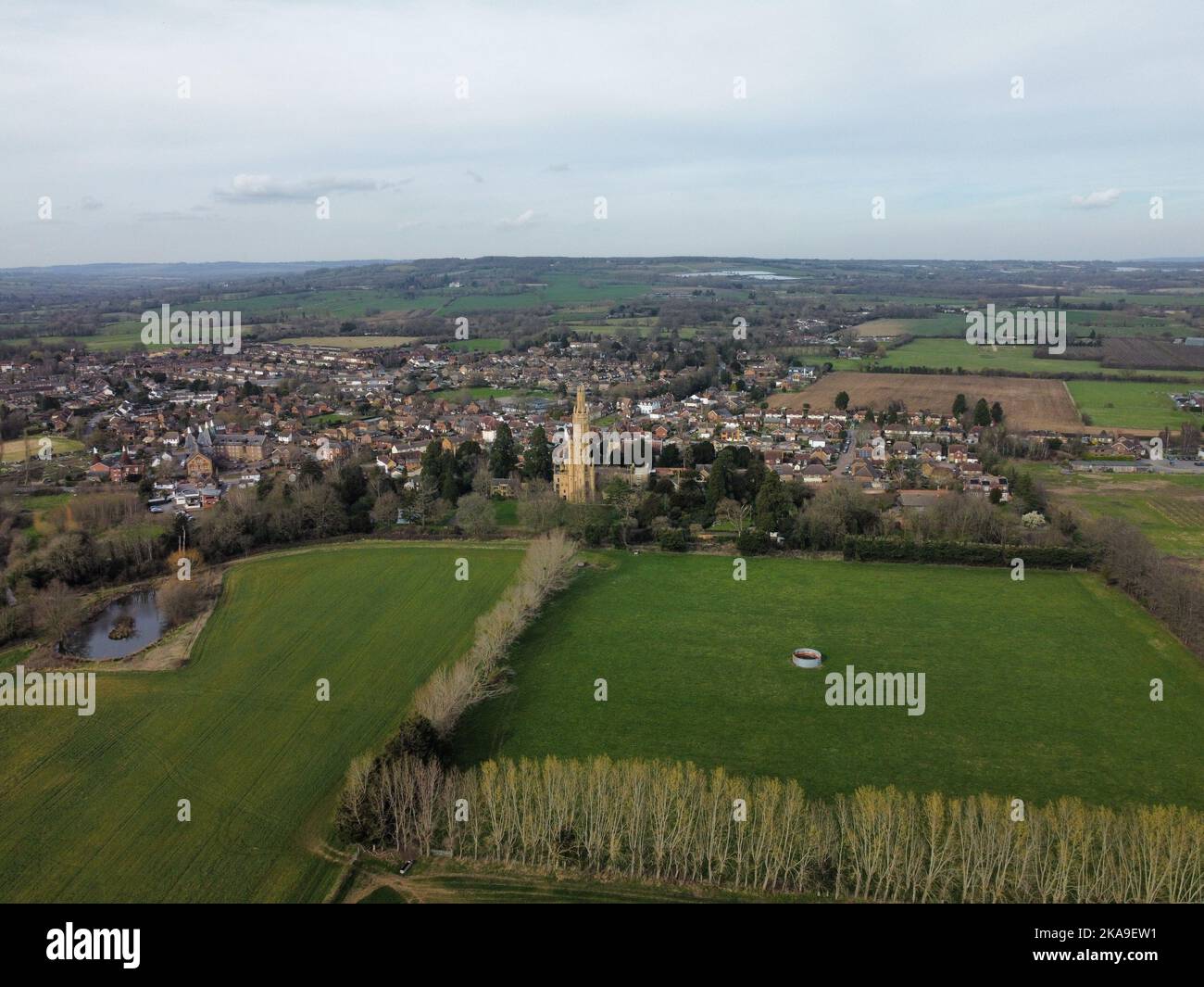 The bird's eye view of the Hadlow Castle tower against the city ...