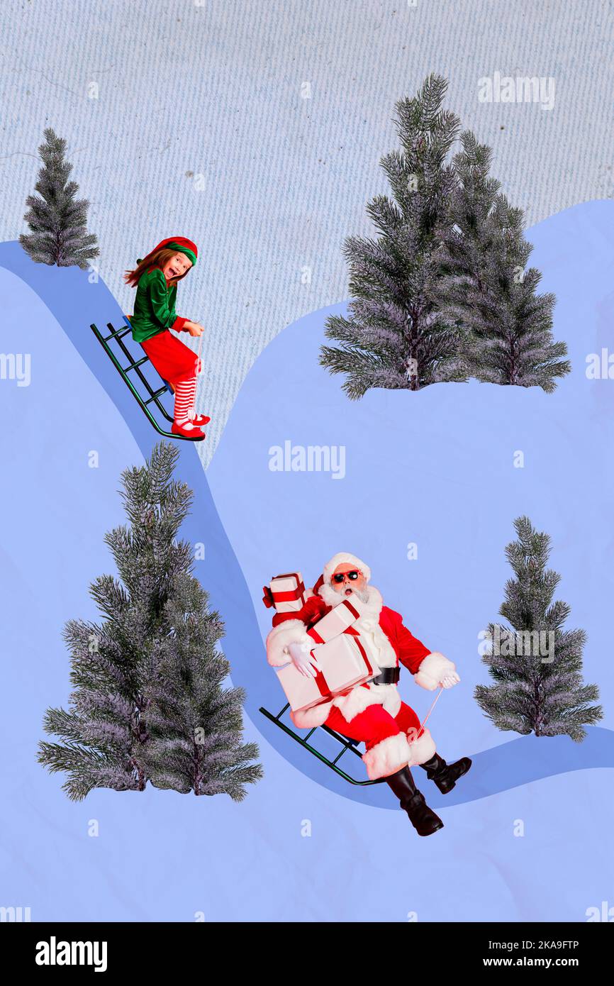 Image picture collage of santa claus and his elf ride from drawing ...
