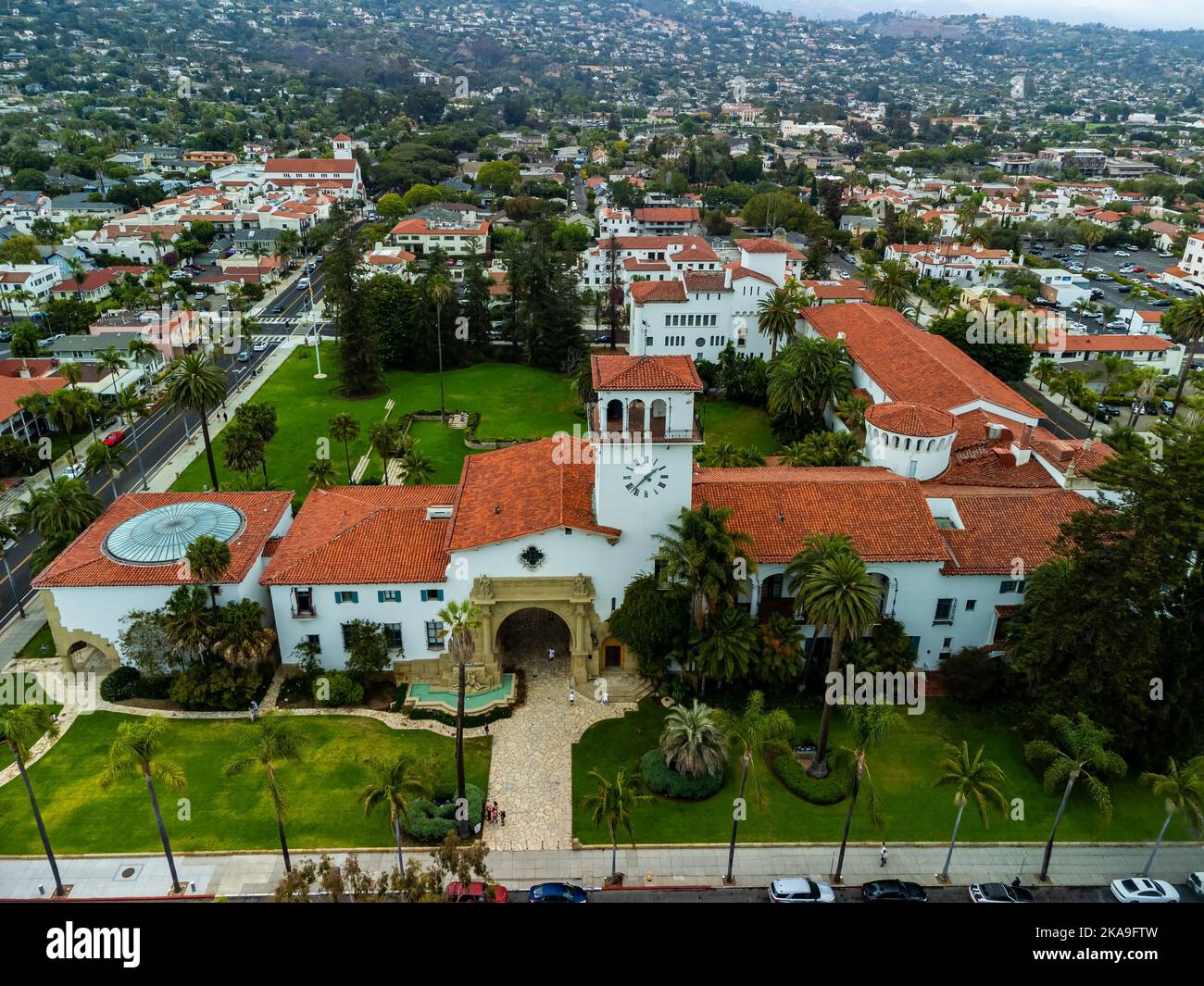 An aerial view of Santa Barbara County Courthouse with the cityscape in ...