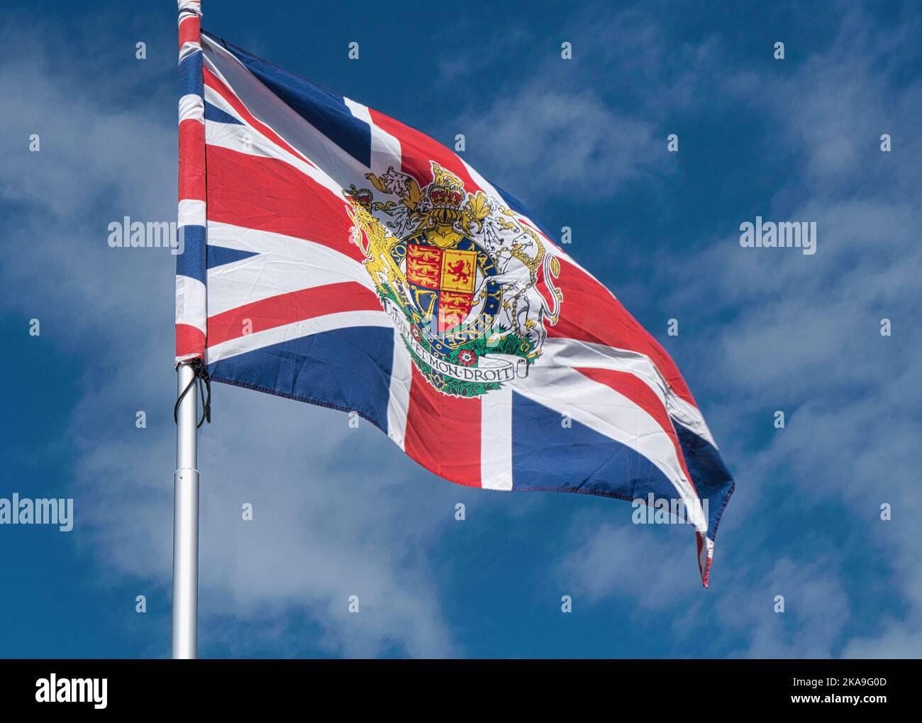 Union Jack flag with the Royal Coat of Arms of Queen Elizabeth II Stock ...