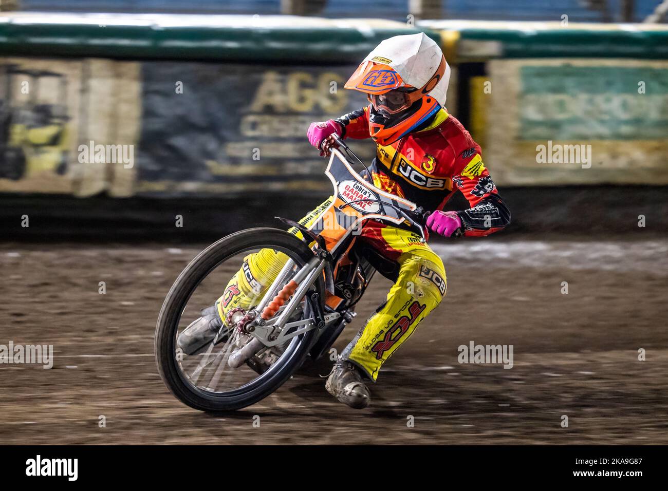 Connor Coles - Leicester Lion Cubs speedway rider. Action portrait ...