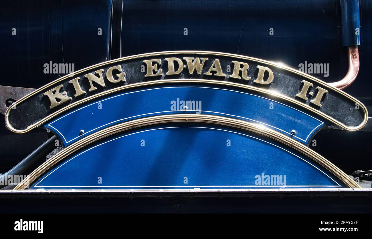 Close-up of Nameplate of King Edward II No.6023 steam locomotive in ...