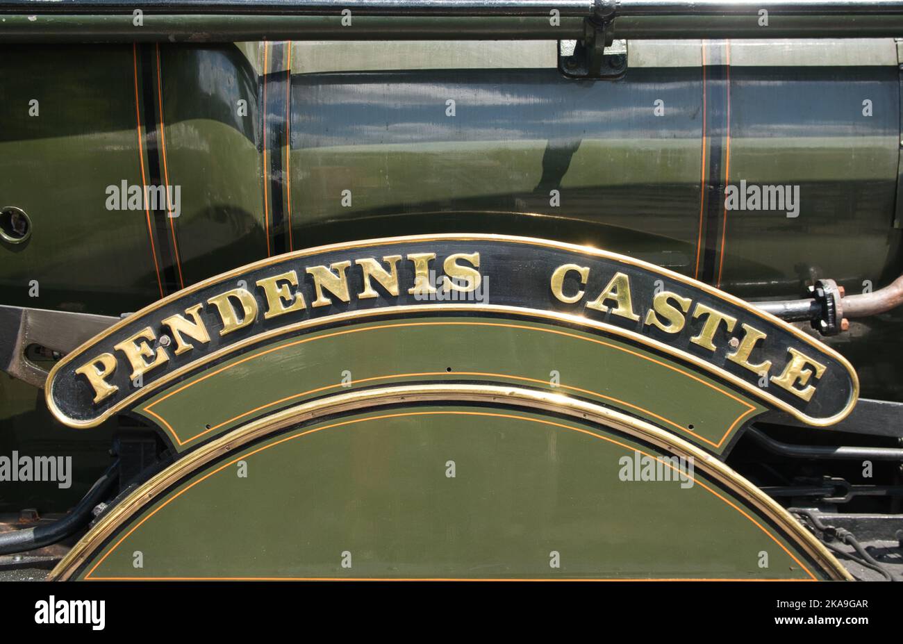 Close-up of Nameplate of Steam locomotive No. 4079 'Pendennis Castle ...