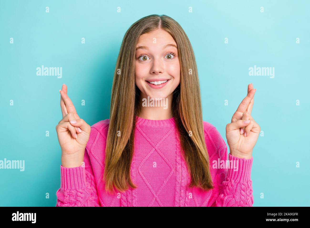 Portrait photo of youngster cute cheerful girl brown hair crossed ...