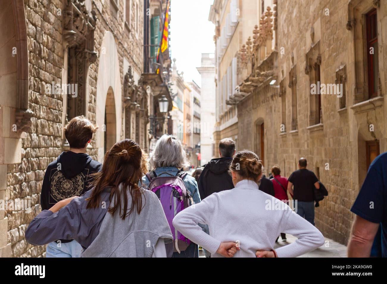 Barcelona, Spain - April 10, 2022:People walking through the Gothic ...
