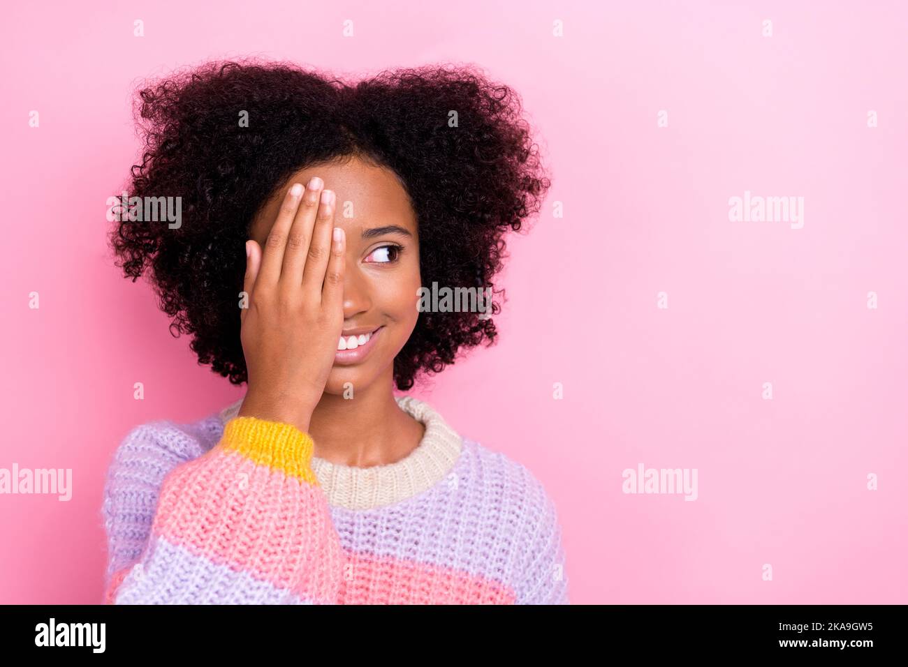 Photo of positive good mood girl with perming coiffure wear knit ...