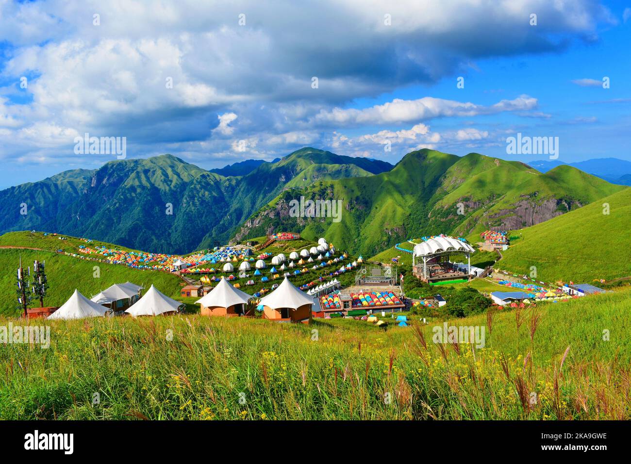 The colorful pavilions on the green Wugong Mountain during a camping ...