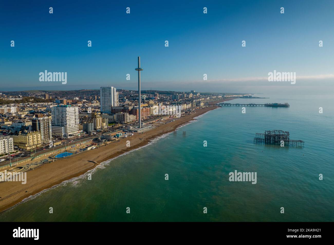 An aerial view of the seashore of Brighton and the west pier ruins ...