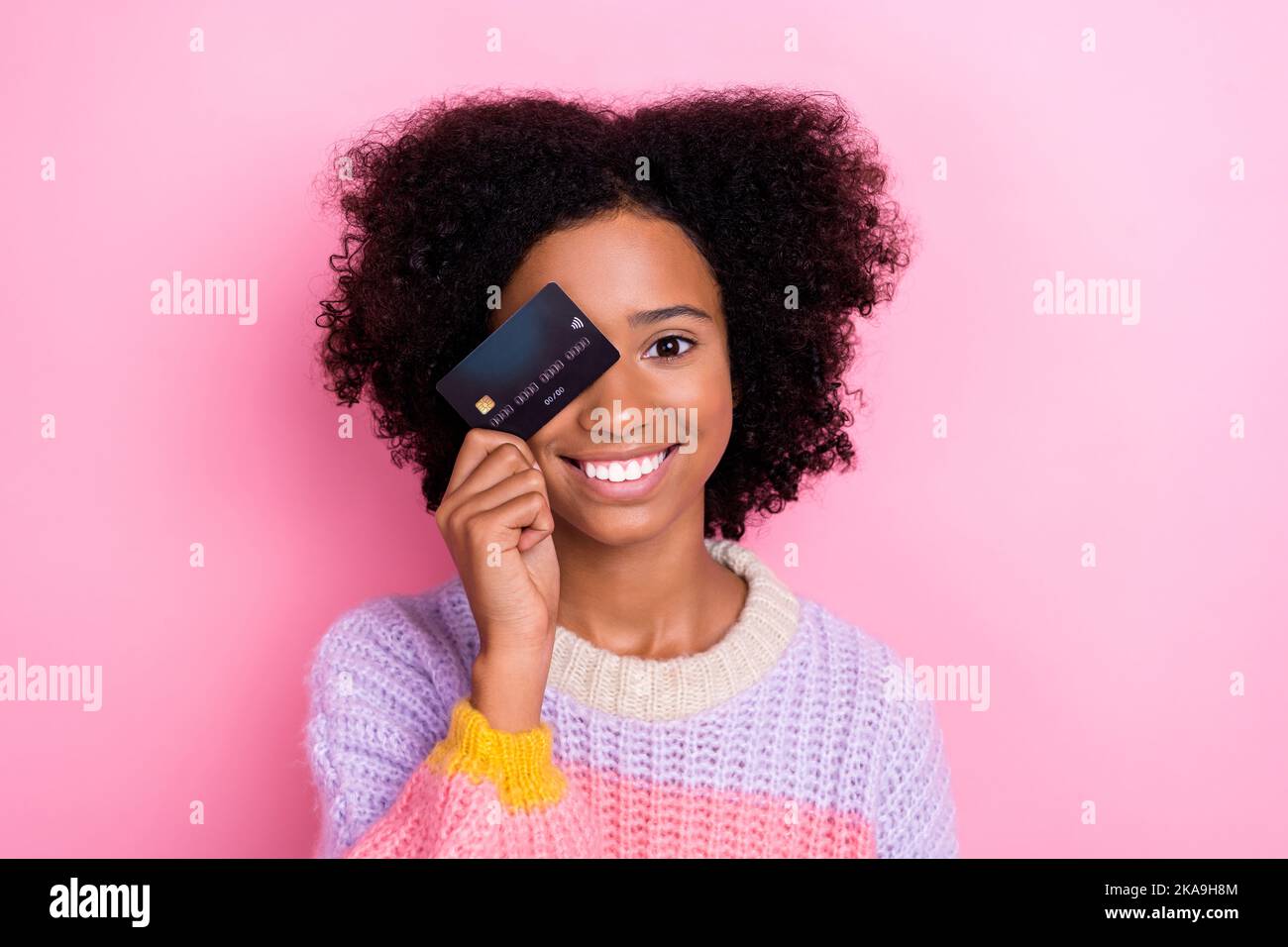 Photo of girlish satisfied optimistic girl with perming coiffure wear ...