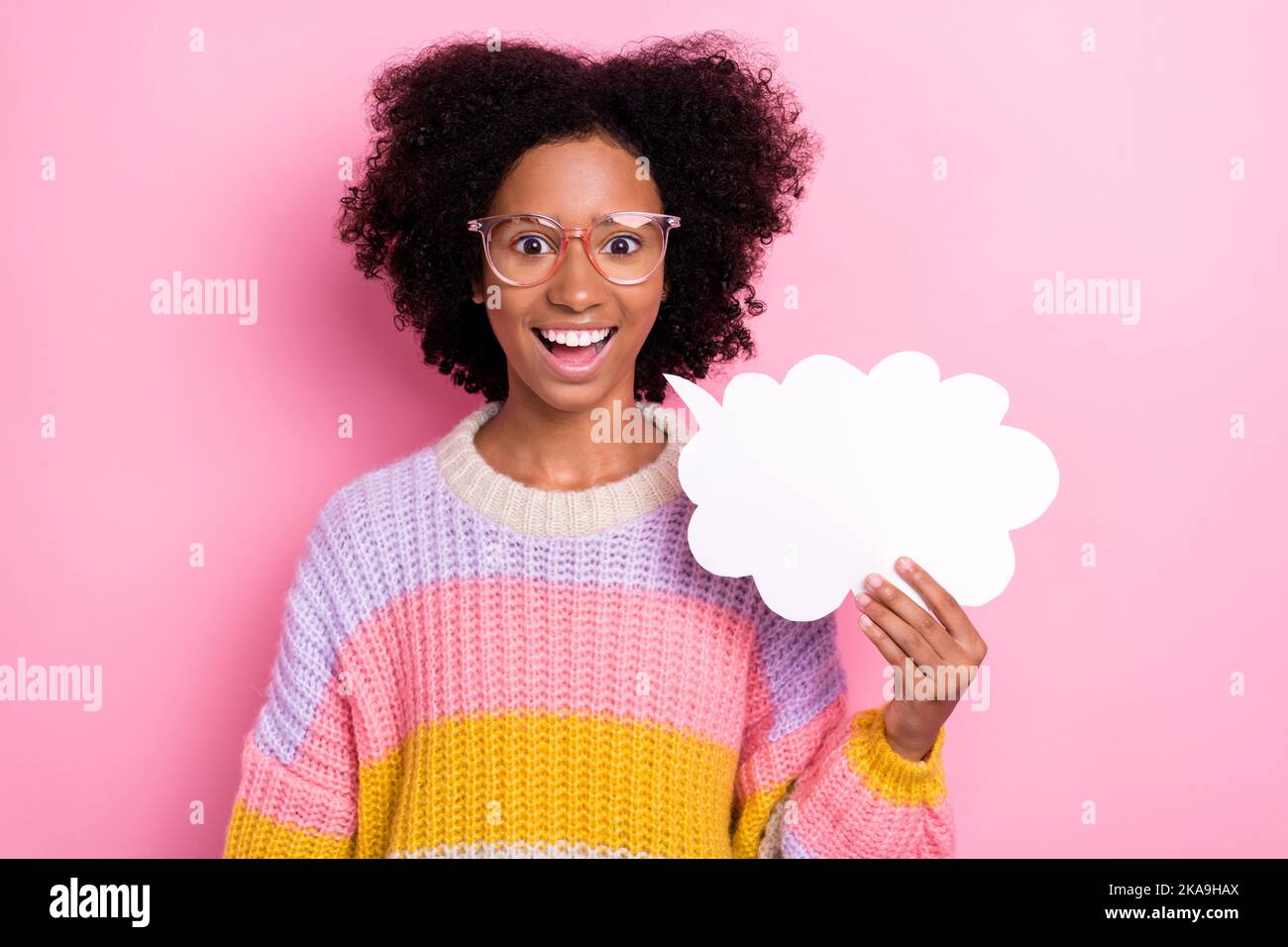 Portrait photo of young teenager hold paper cloud speaking excited ...