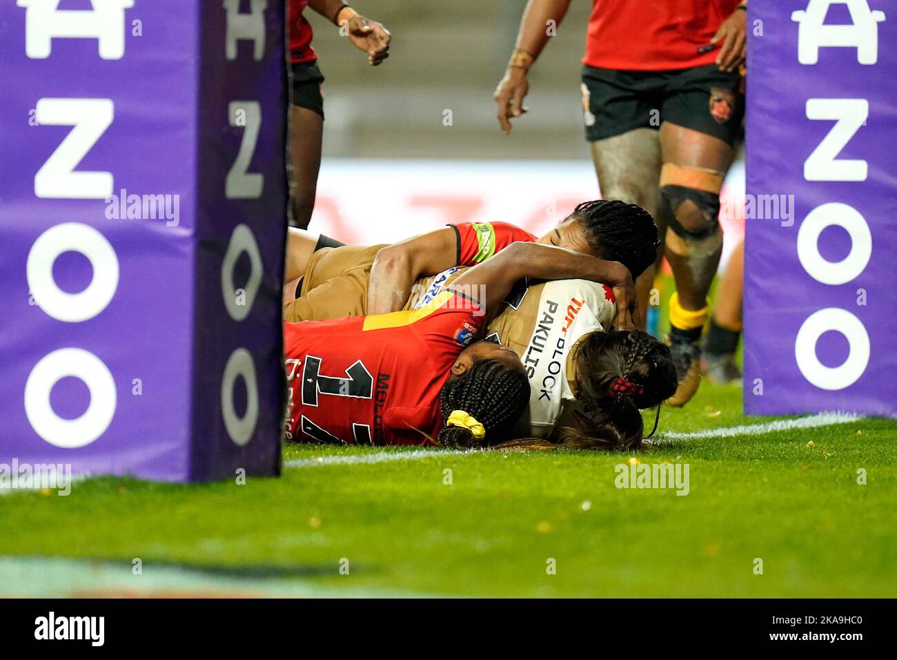 Canada's Megan Pakulis scores their side's second try of the game ...