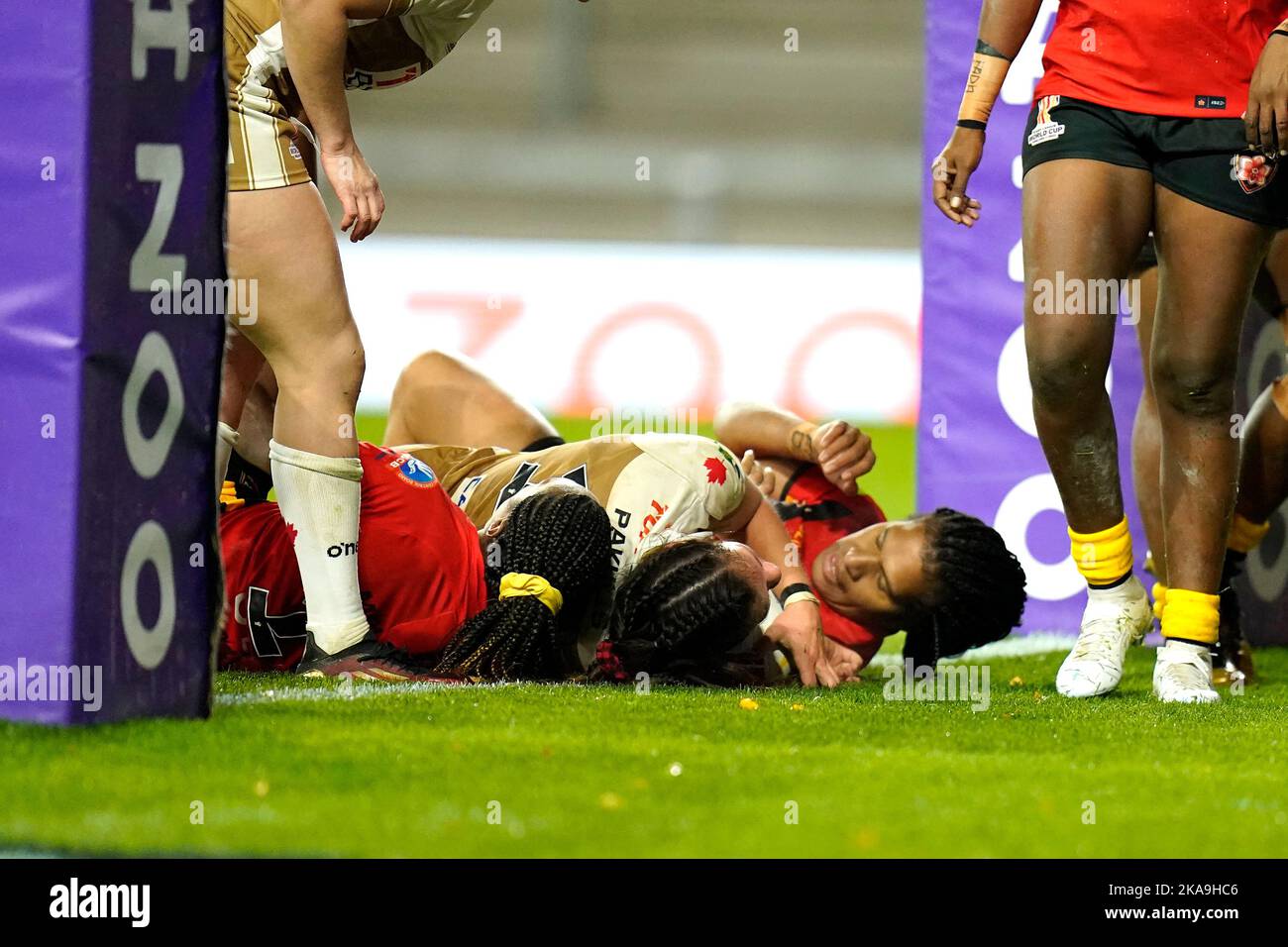 Canada's Megan Pakulis scores their side's second try of the game ...