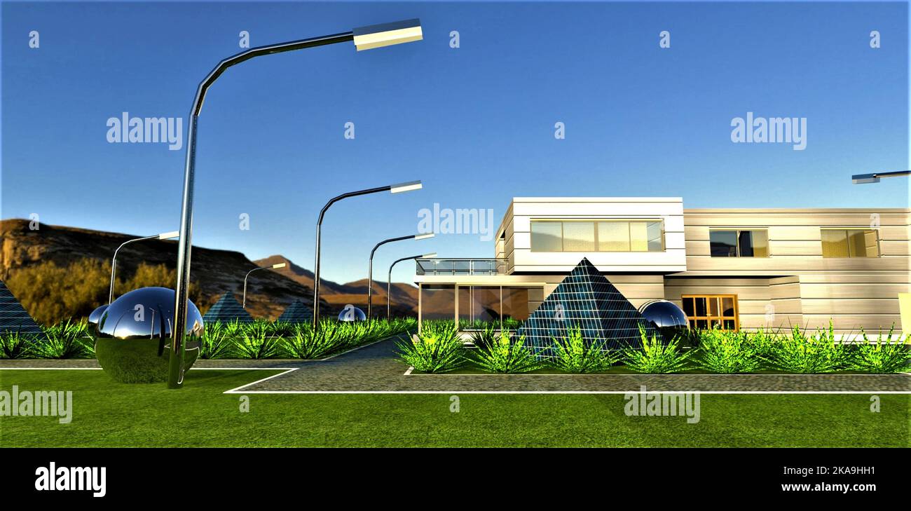 Street lights line the pedestrian path in a futuristic eco-friendly ...