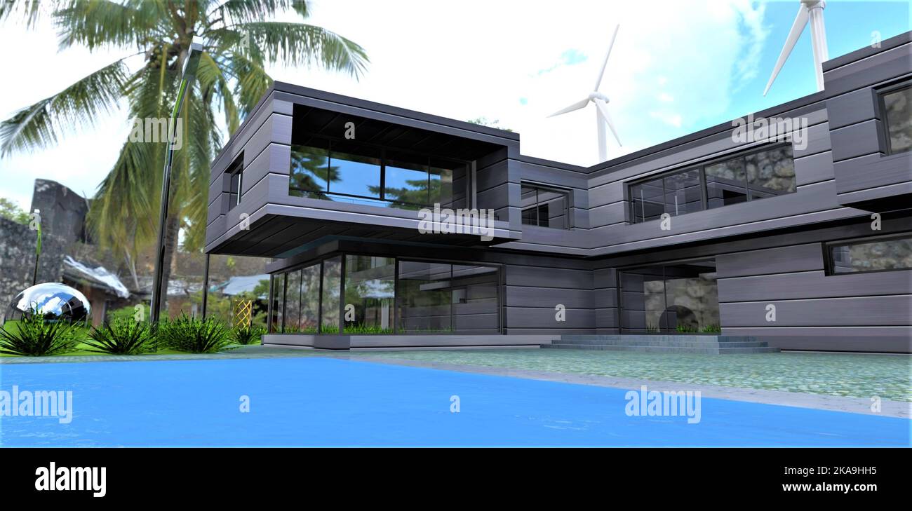 Swimming pool in the courtyard of a stylish eco-friendly house with low ...