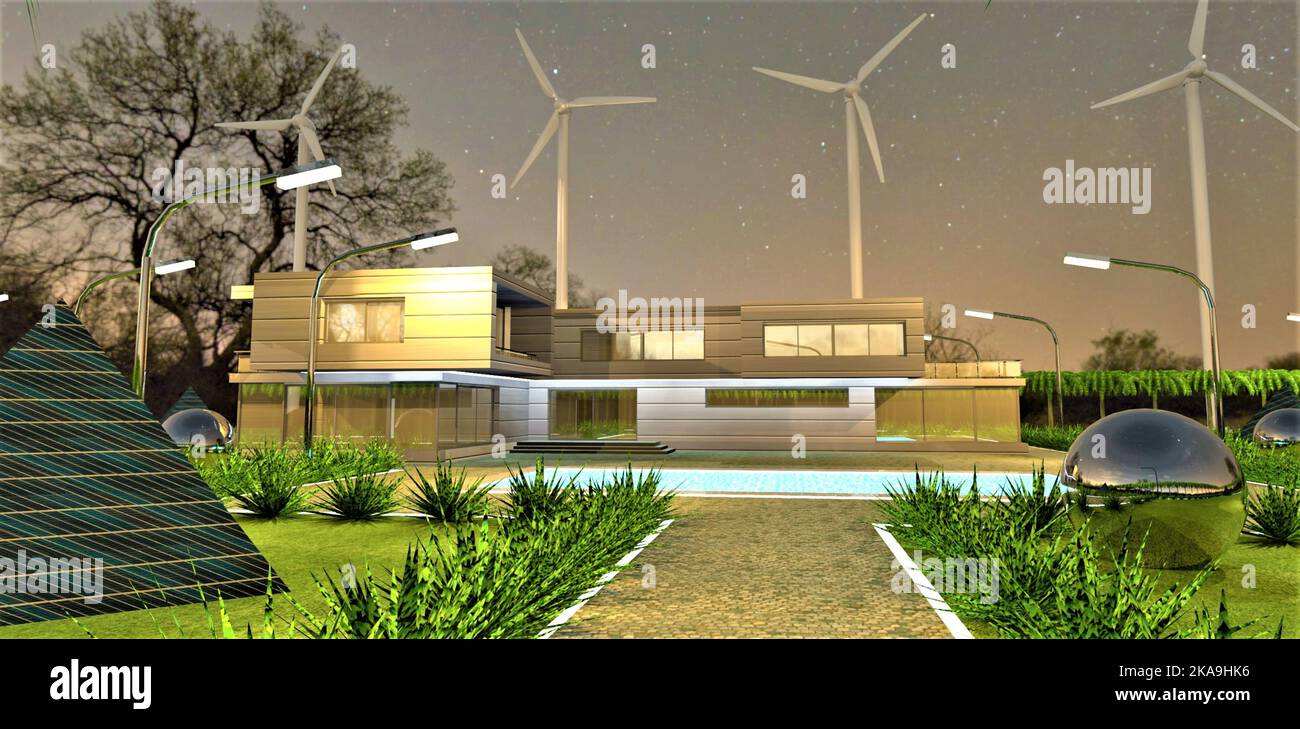 Night illumination of a modern home with low-power 12 volt lamps ...