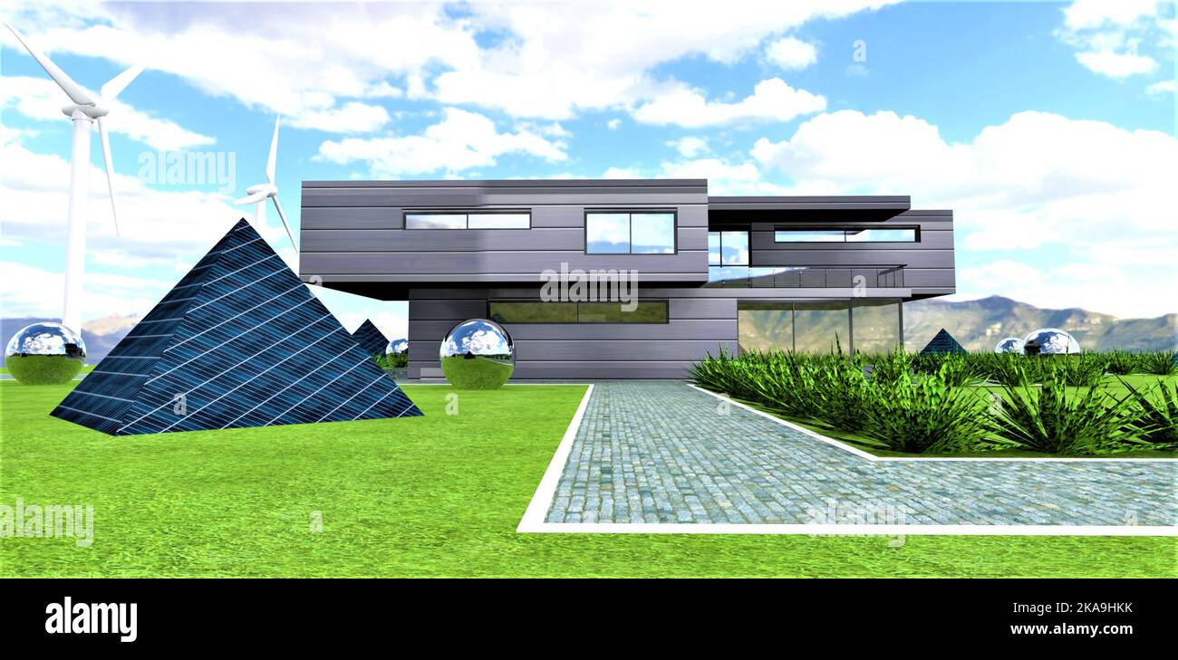 Stylish energy-efficient country house of the future. Pyramid covered ...
