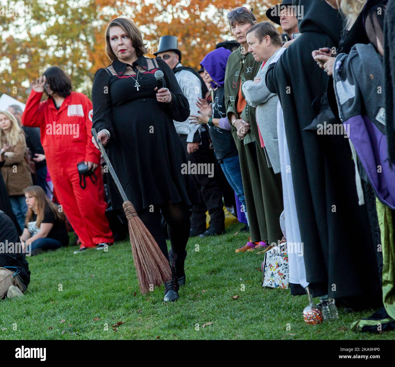 October 31, 2022. Salem, MA. The Salem Witches' Magic Circle. Hundreds ...