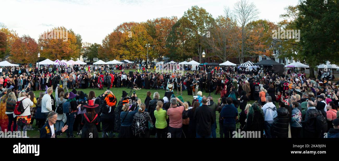 October 31, 2022. Salem, MA. The Salem Witches' Magic Circle. Hundreds ...