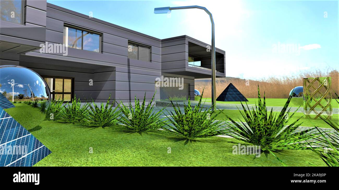 A lawn with bushes in front of the entrance to an eco-friendly country ...