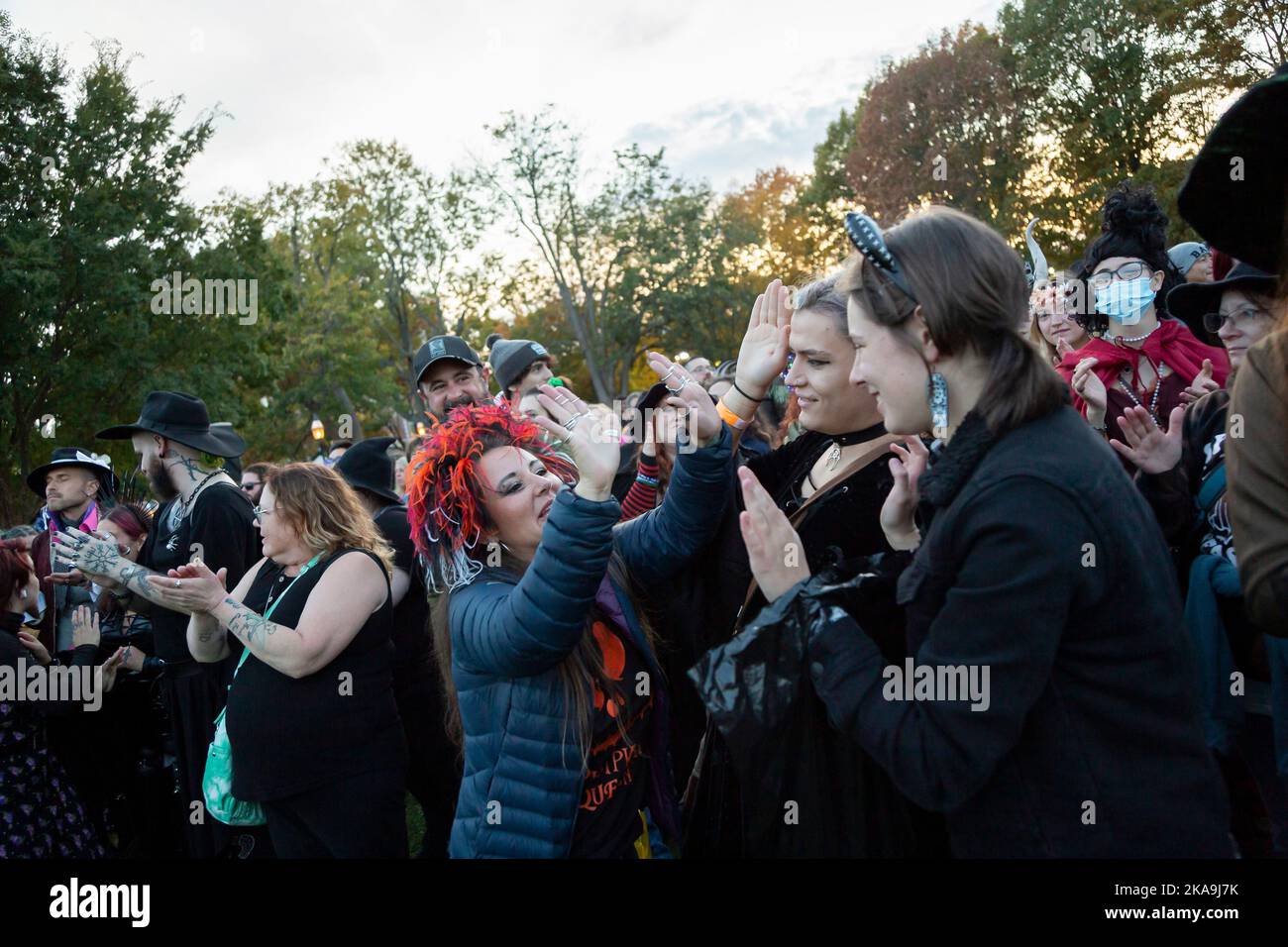 October 31, 2022. Salem, MA. The Salem Witches' Magic Circle. Hundreds ...