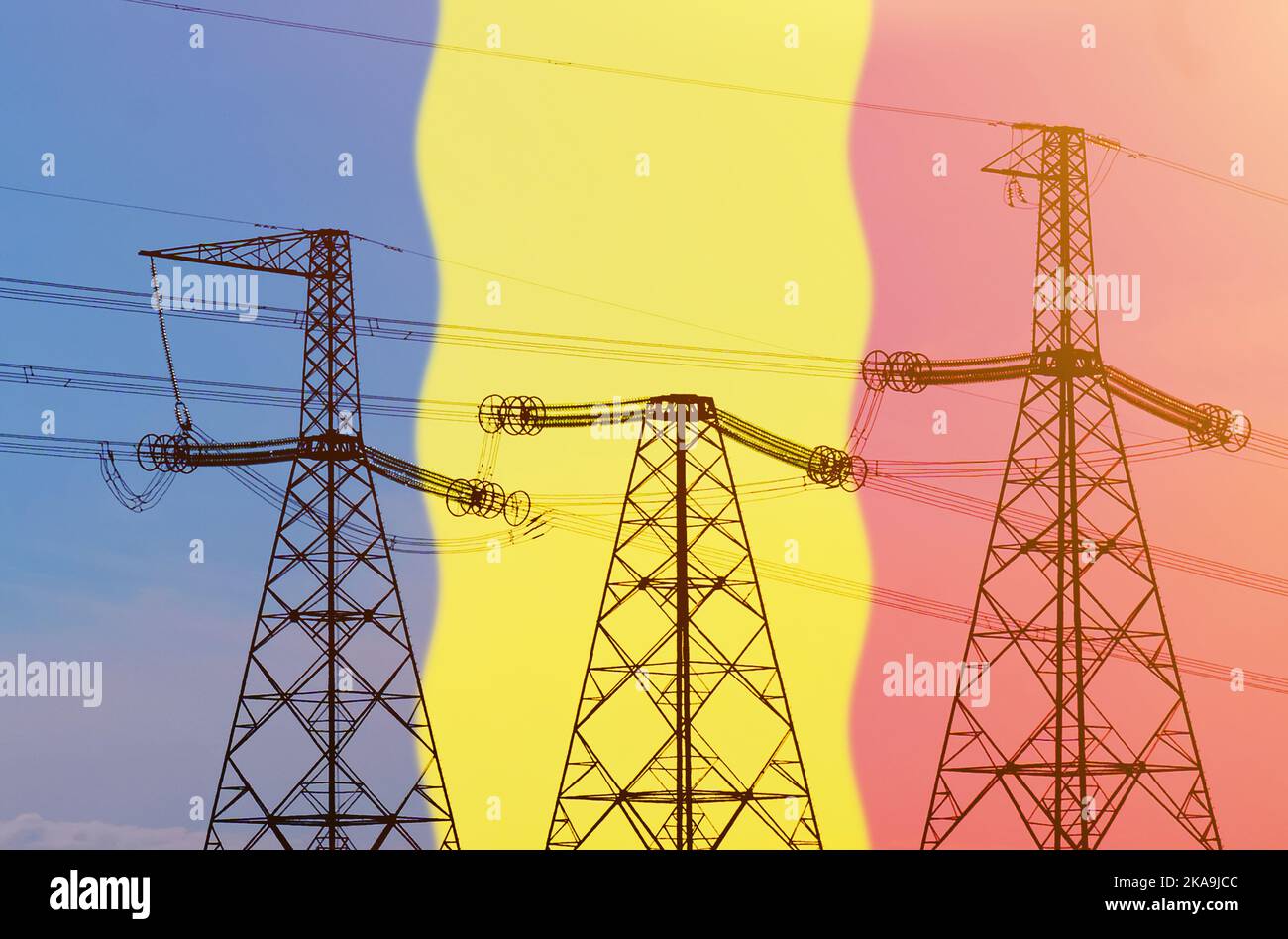 Industry and energy concept. Double exposure - power line, tower and ...