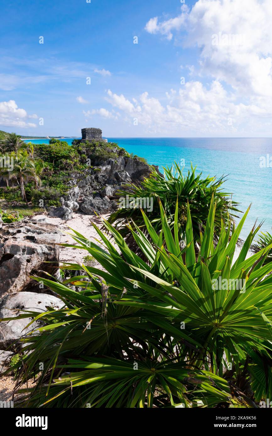 A vertical distant view of the historical Tulum Archaeological Zone ...