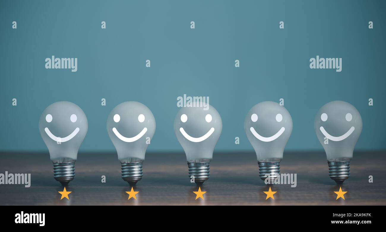 Five stars customer services satisfaction with happy smiley face on the ...