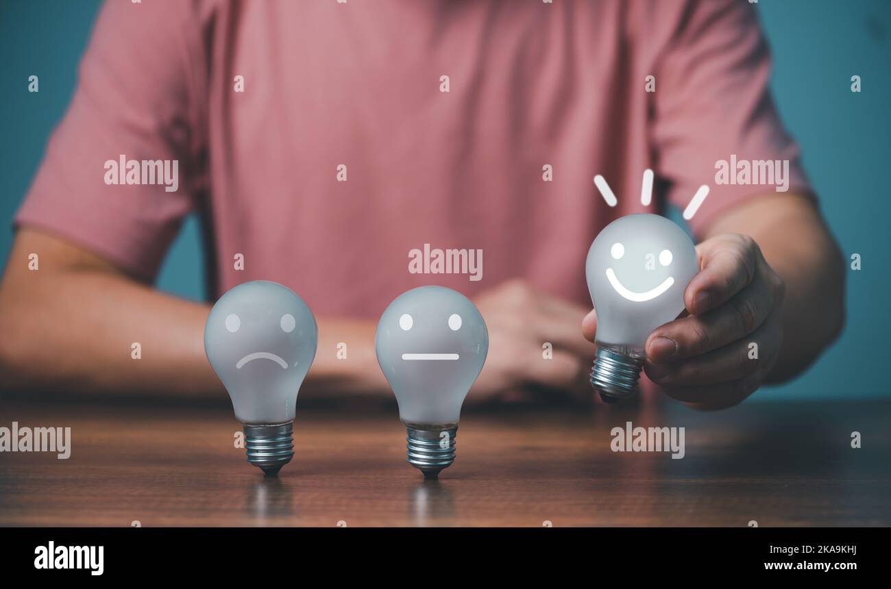 Customer service satisfaction concept, Young businessman holding happy ...