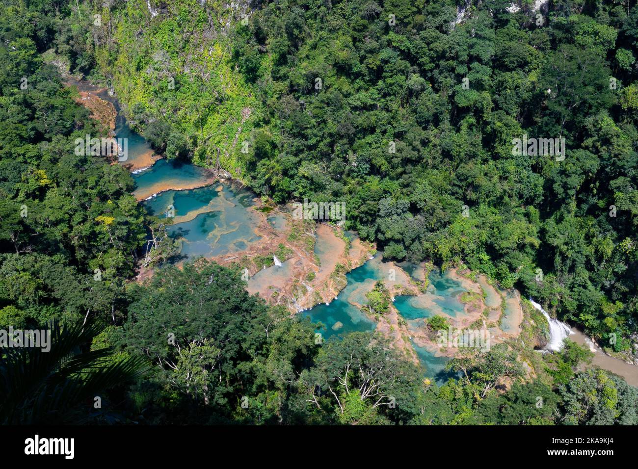 A large river and Semuc Champey natural monument in Guatemala, aerial ...