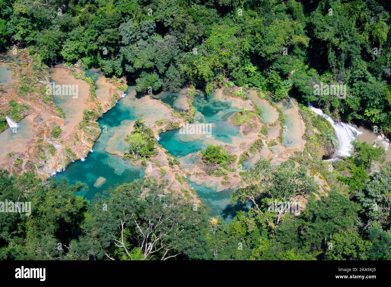 A large river and Semuc Champey natural monument in Guatemala, aerial ...