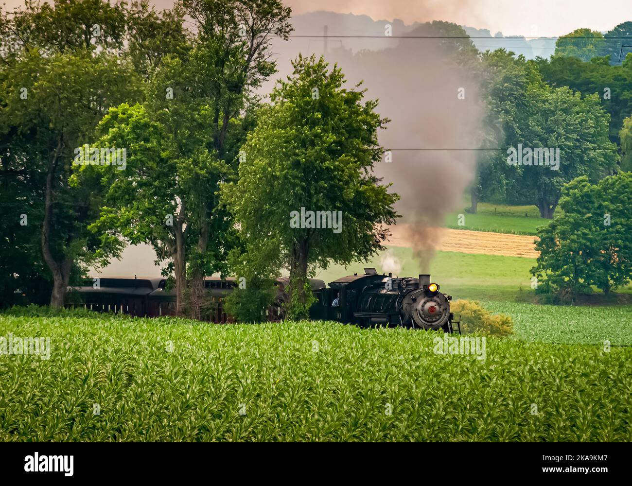 View of a Restored Steam Passenger Train Approaching Around a Curve on ...