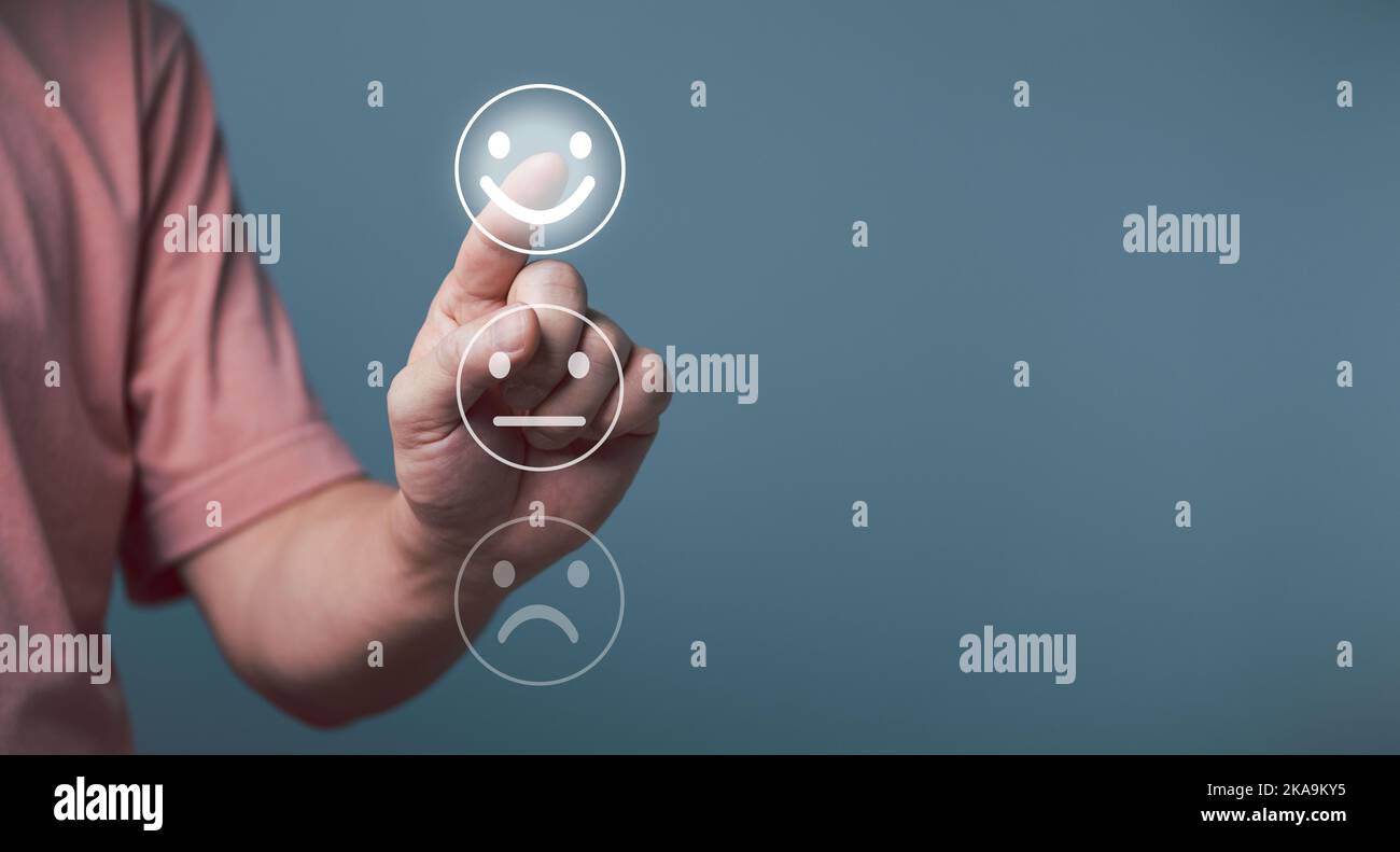 Customer service satisfaction concept, Young businessman touching happy ...