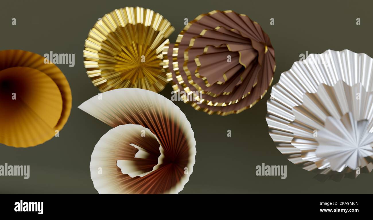 Top view of various types of golden silver and brown pieces of wrapping ...