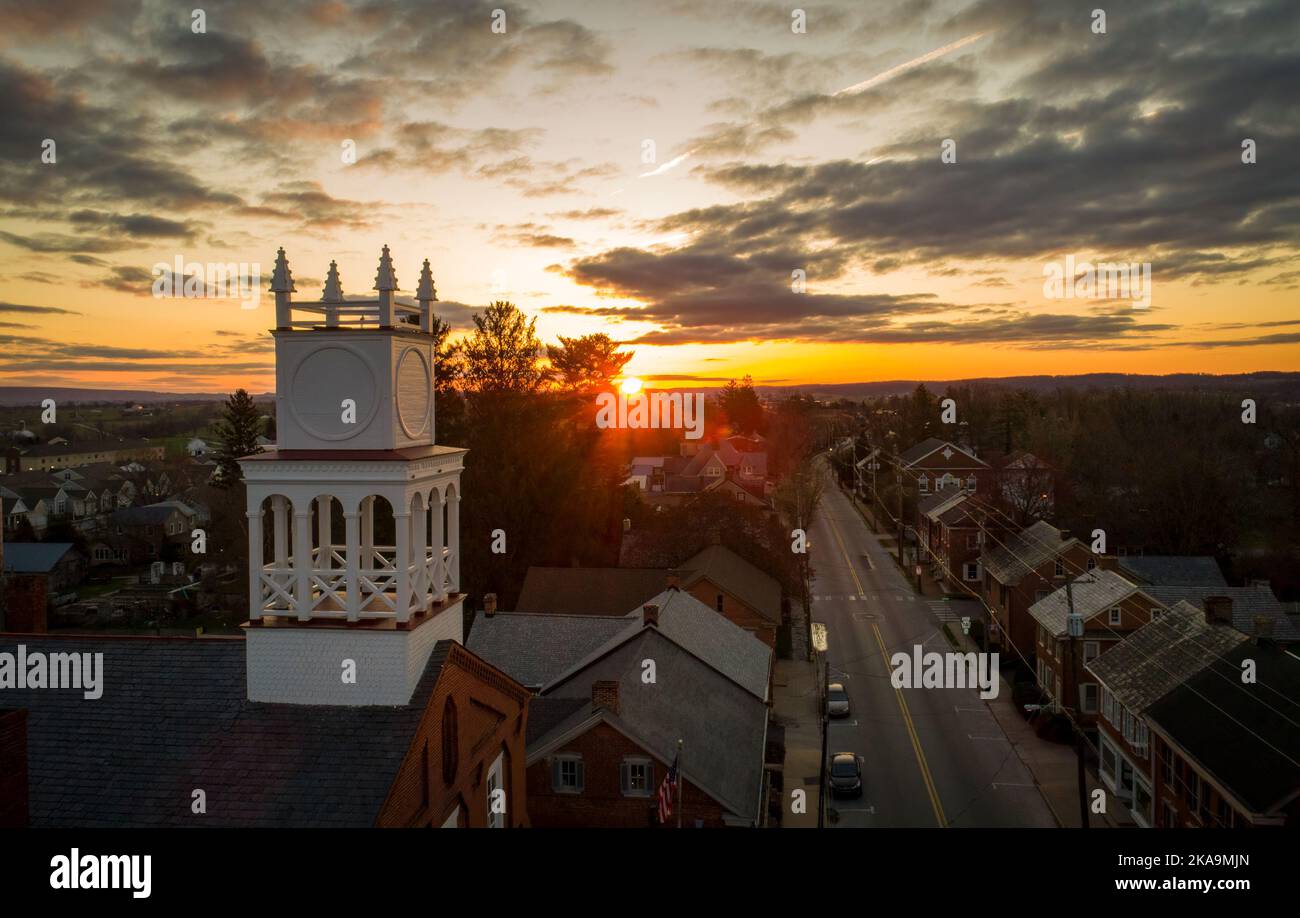 Aerial View of a Sunrise in a Small Town With Light Coming Over Horizon ...