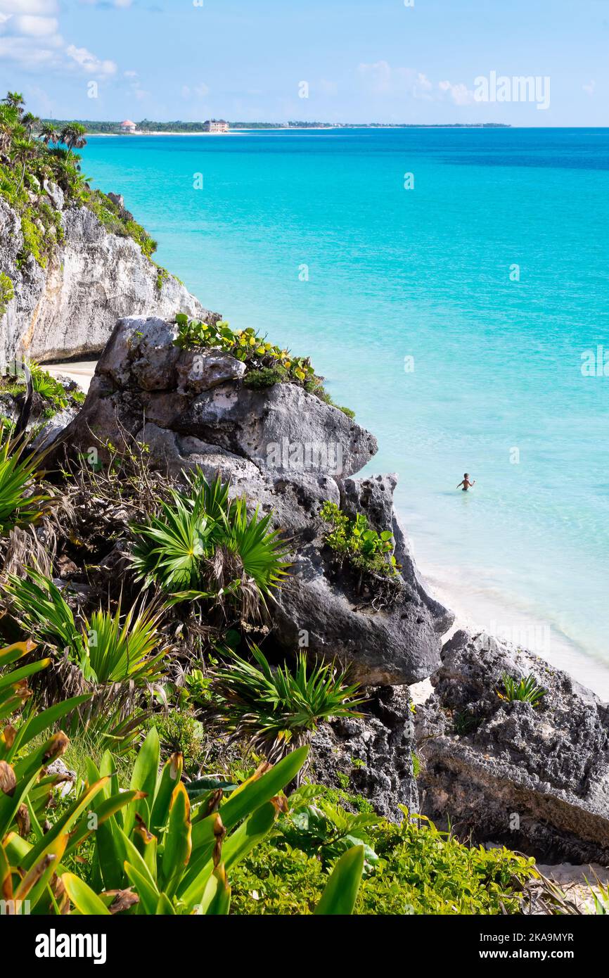 A vertical view of a beautiful Tulum beach near the Mayan Ruins of ...