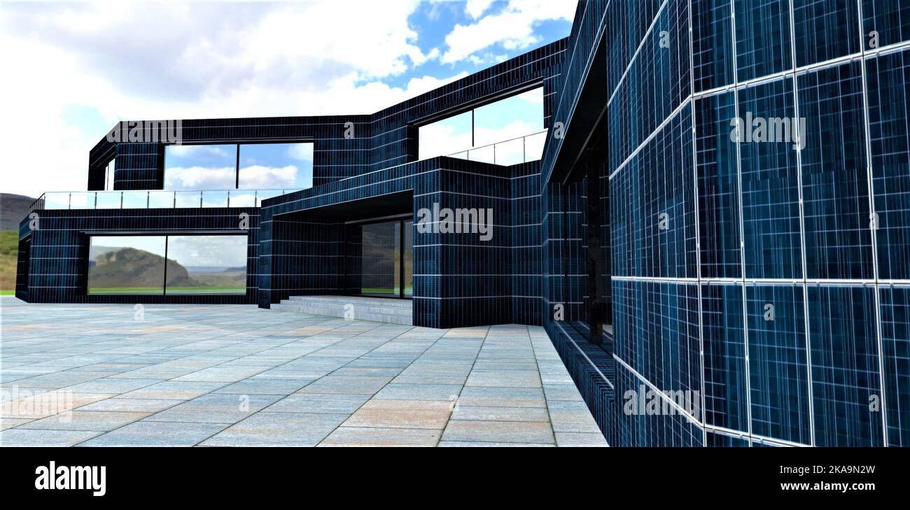 Architectural solution to decorate facade of building with solar panels ...