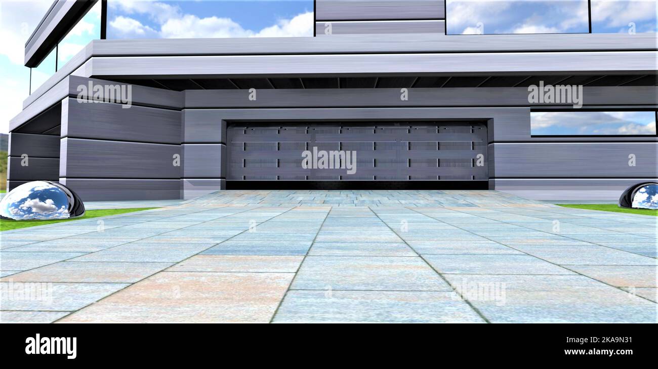 Tech garage of a futuristic home on Mars. Smart lifting gates are ...