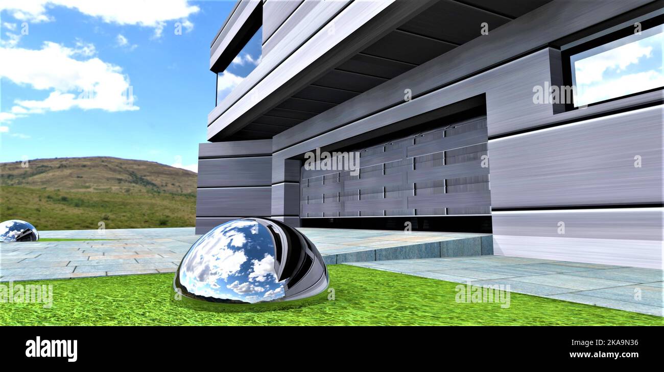 The concept of a futuristic garage of a technological house built in a ...
