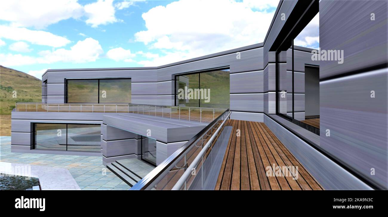 The design of a long balcony along a stylish modern building finished ...