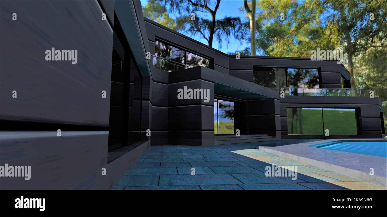 Brutal architecture in an ancient park. House of non-standard shape ...