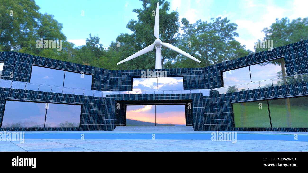 The combination of a wind turbine and solar panels on the façade will ...