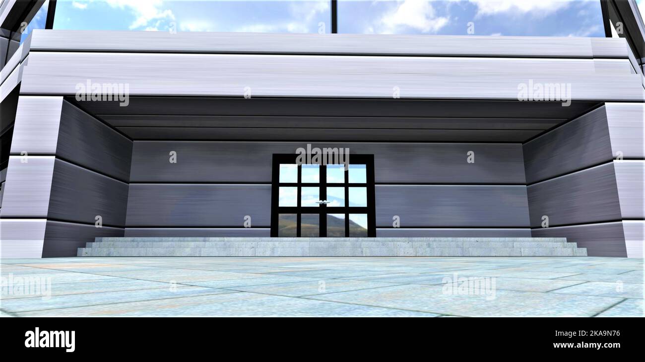 Country office porch concept. Wide concrete steps. Long visor ...