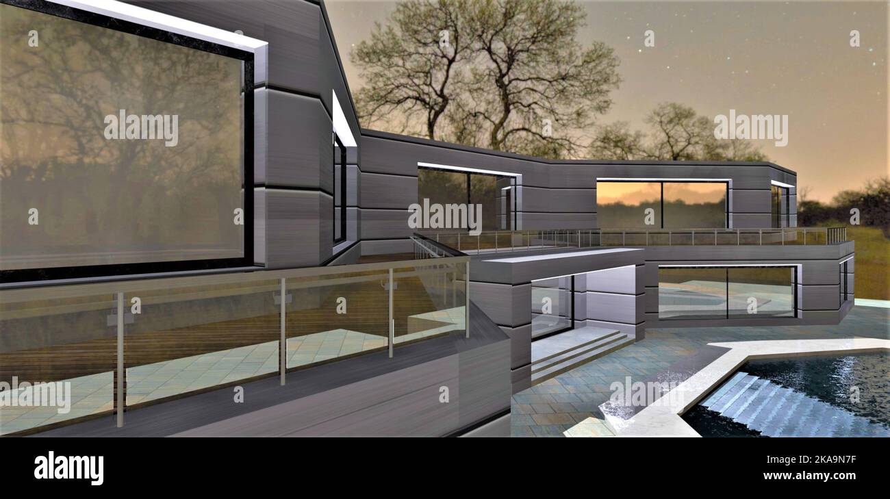 Night LED illumination of window openings of a stylish private estate ...