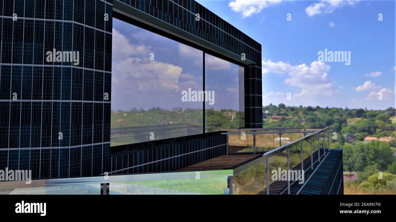 Balcony of a stylish eco-friendly house finished with solar panels ...