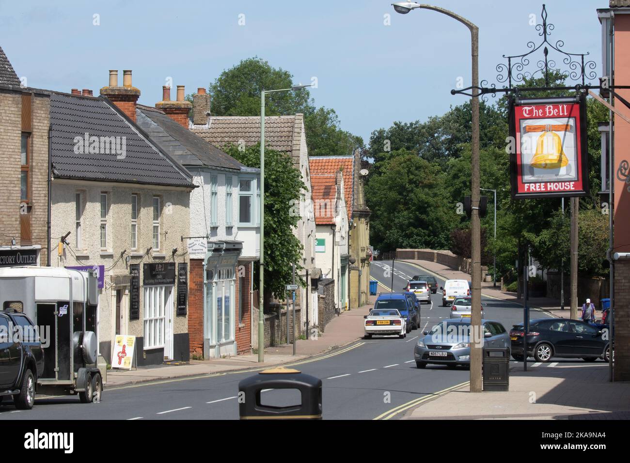 A busy road on a summer day at High Street, Brandon, Suffolk, United ...