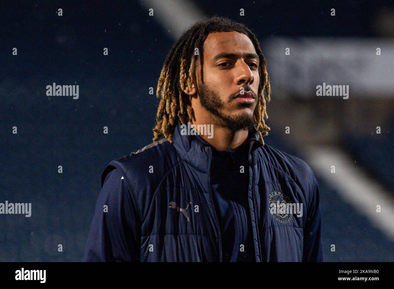 Dominic Thompson #23 of Blackpool arrives at The Hawthorns ahead of the ...