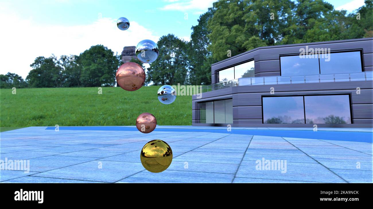 Copper, gold and chrome balls float in the air in front of a futuristic ...