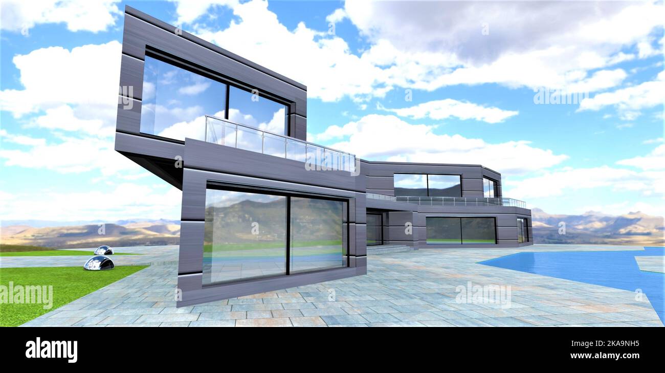 Futuristic architecture. The building is oddly shaped. Sharp corners ...