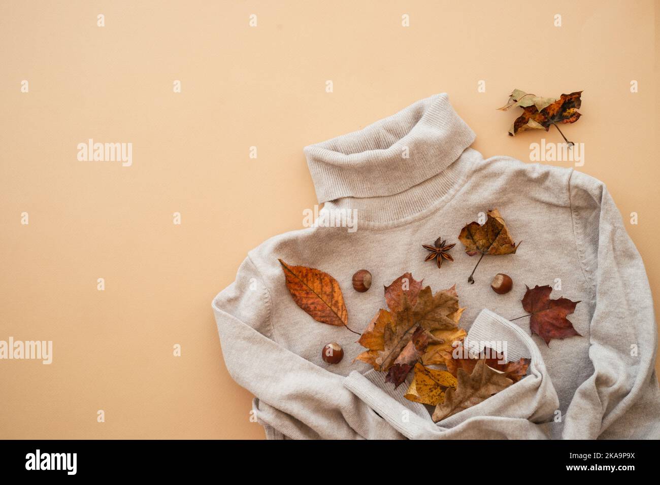 Autumn flat lay background with sweater and fall leaves Stock Photo - Alamy